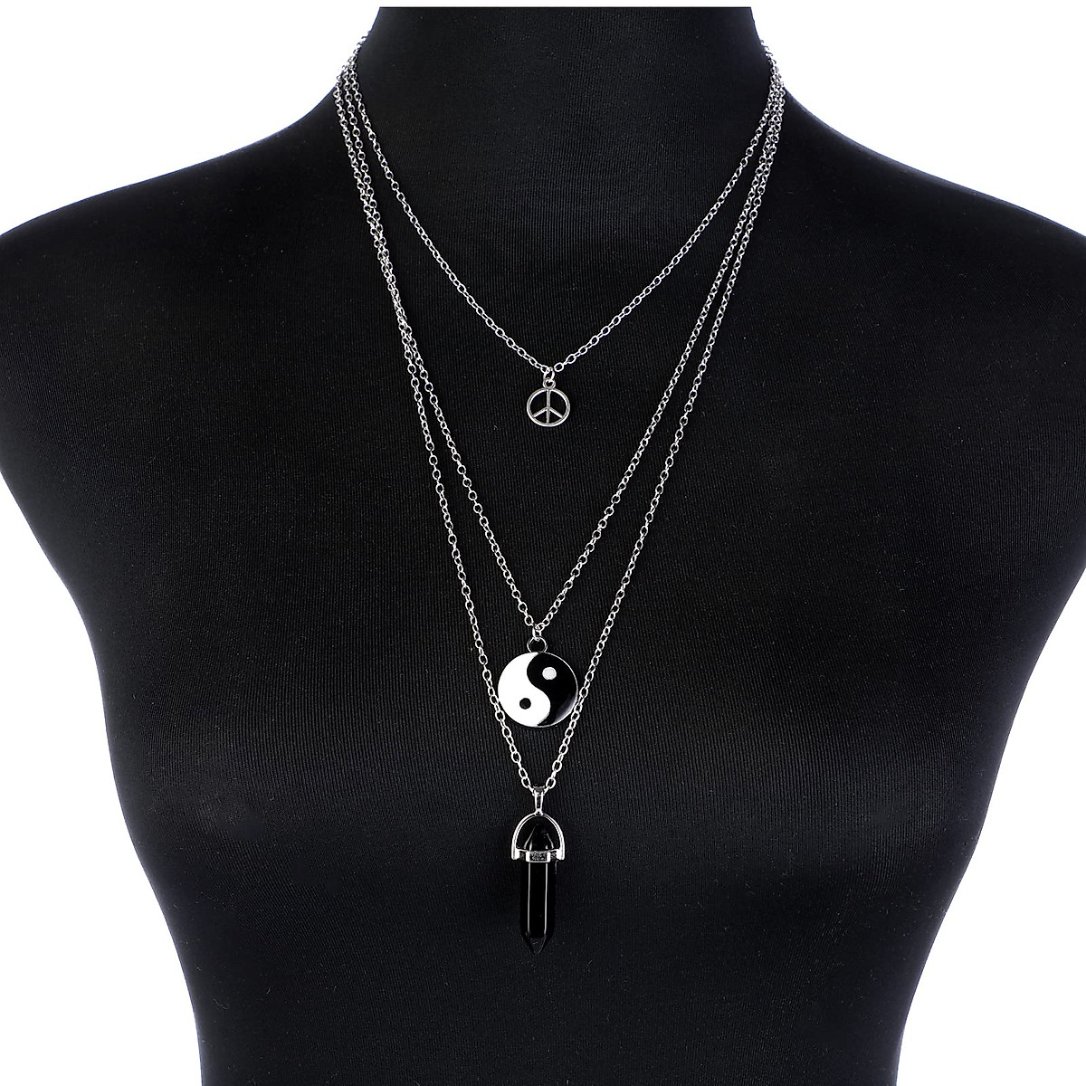 MJartoria Gothic Necklaces Chakra Yin Yang and Peace Sign Charm Pendant Multlayered Alloy Chain Choker Necklace Set Gothic Jewelry(Black)