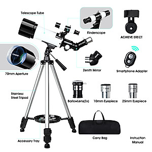 Telescope for Kids Adults Beginners,70mm Aperture 400mm Focal Length Telescopio for Astronomy, Multi Coated Travel Refractor Astronomical Telescopes with Wireless Remote