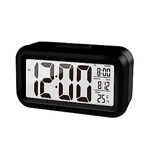 KAIJIELY Upgraded Digital Alarm Clock, 4.3" LED Display with Temperature Larger Lound Light Control Portable Snooze Calendar Brightness with Battery Powered Alarm Clocks Bedside for Everyone (Black)