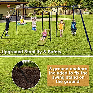 HONEY JOY Swing Sets for Backyard, 660lbs 7-in-1 Heavy Duty Swing Set w/A-Frame Metal Swing Stand, 2 Swings, Glider, Gym Rings, Slide, Monkey Bar,Basketball Hoop, Swingset Outdoor for Kids 3-12