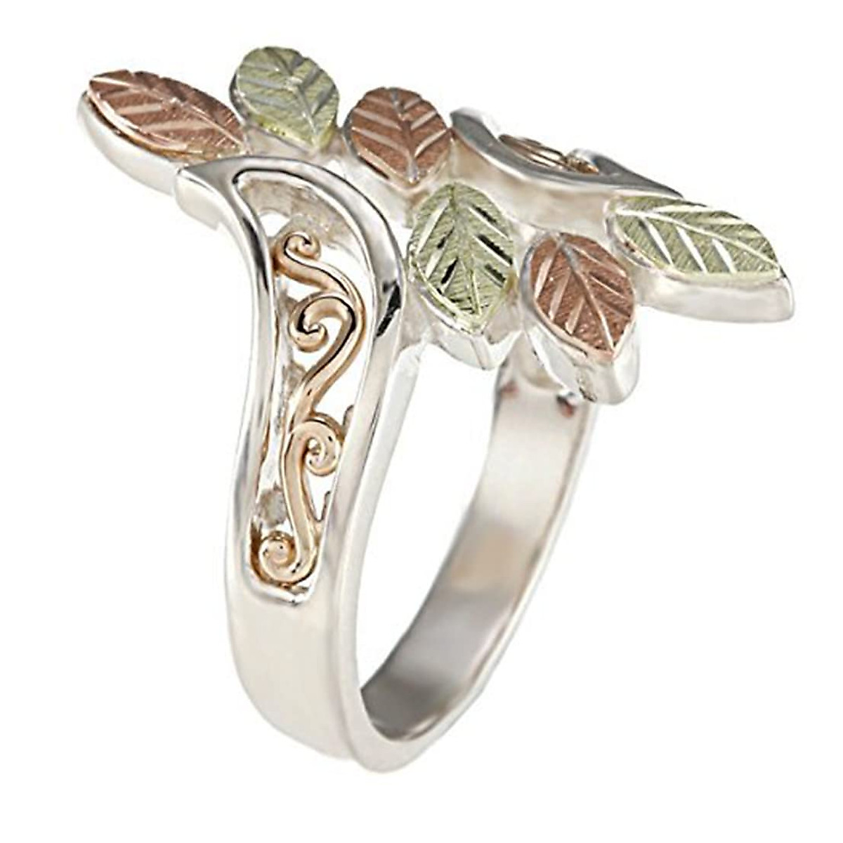 Fancy Bypass Scrollwork Ring, 10k Yellow Gold, Sterling Silver, 12k Green and Rose Gold Black Hills Gold Motif, Size 7