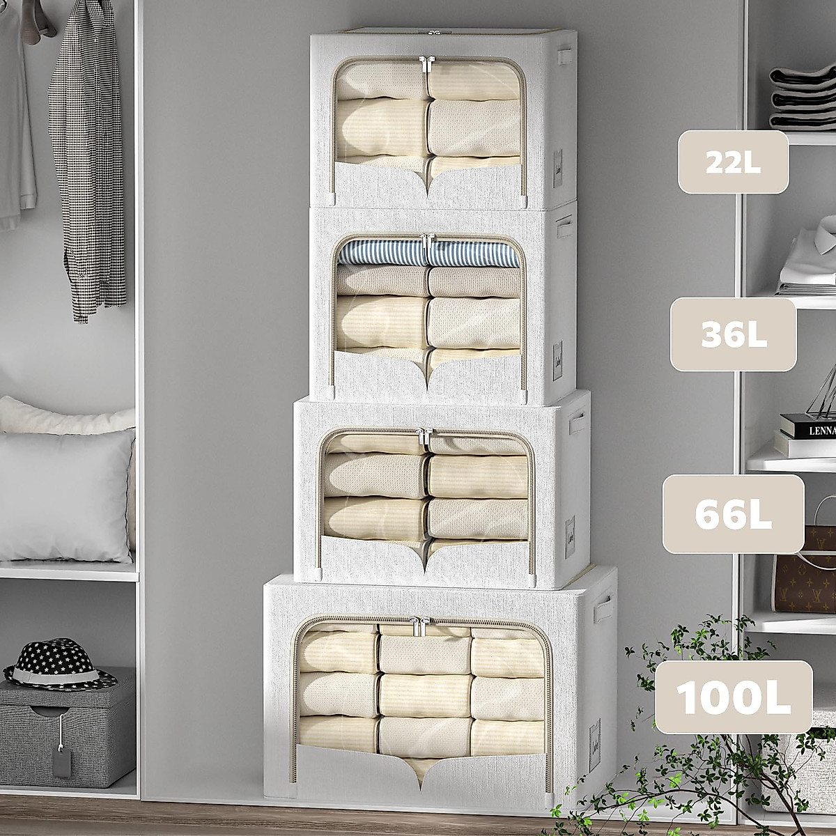 3 Pack Clothes Storage Bins - Foldable Metal Frame Storage Box - Stackable Linen Fabric Container Organizer Set with Carrying Handles and Clear Window (Cream White, 15.7x11.8x11.8inch(36L))