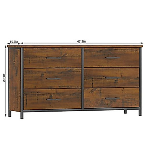 IKENO 6 Drawer Double Dresser, Industrial Wood Dresser for Bedroom, Storage Cabinet with Sturdy Steel Frame