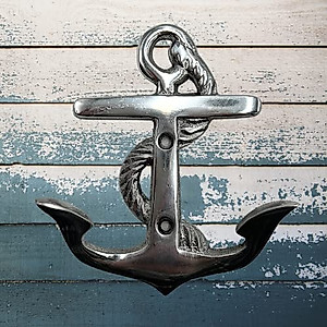 Needzo Silver Tone Metal Anchor Hooks, Heavy Duty Wall Mounted Coastal Towel Hook or Key Holder, Beachy Nautical Home Decor for Bathrooms and Kitchens, 4.5 Inches