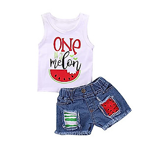 Mikrdoo Toddler Girl Summer Outfits Sleeveless Watermelon Tank Top + Denim Shorts Clothing Set (12-18 Months, White)