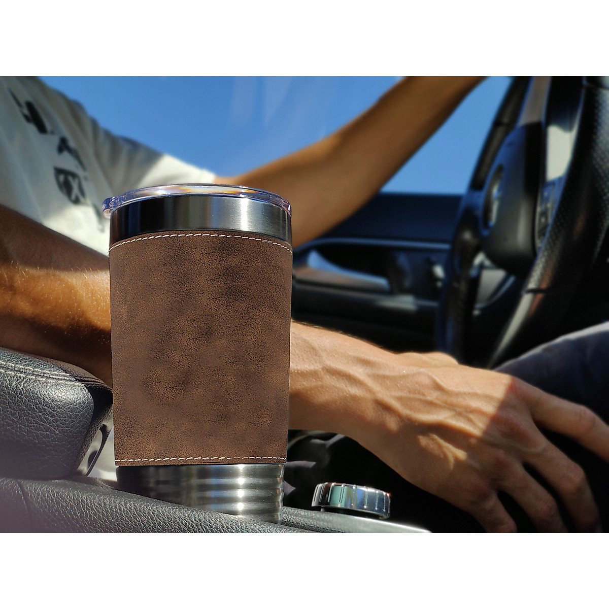 LaserGram 20oz Vacuum Insulated Tumbler Mug, Bass Fish, Personalized Engraving Included (Faux Leather, Rustic)