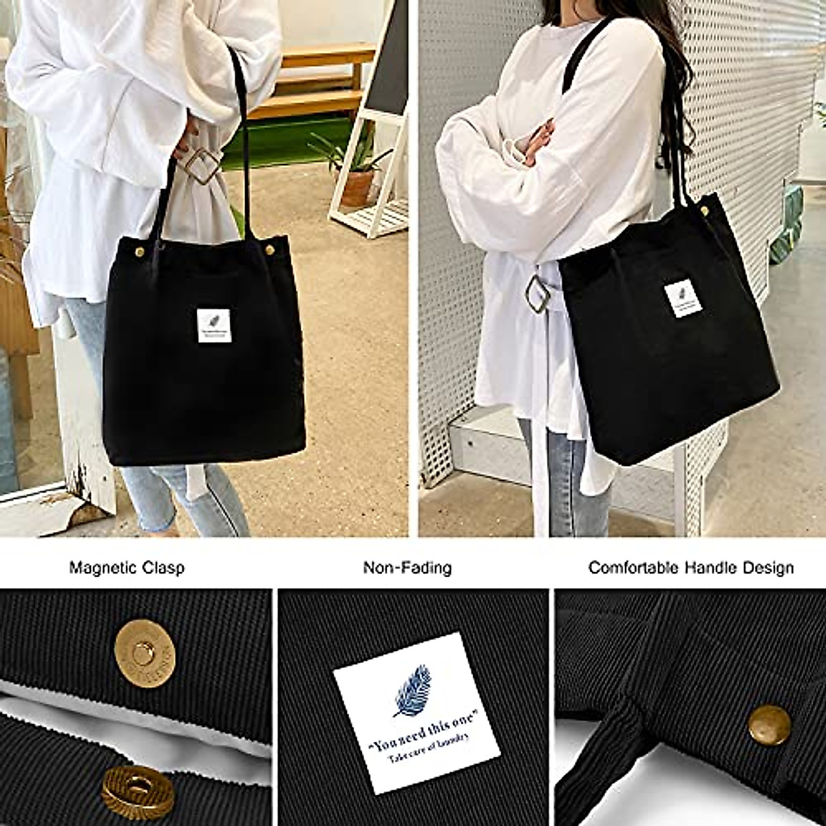 Corduroy Tote Bag for Women Girls Shoulder Bag with Inner Pocket For Work Beach Lunch Travel Shopping Grocery (Black, 1 Pcs)