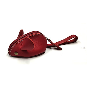 Genuine Leather Mouse Coin Purse Wallet, Womens Change Purse with Zipper, Cute Soft Leather Coin Pouch Mini Size - (Red)