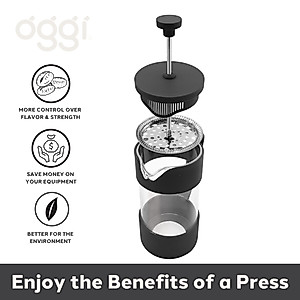 Oggi French Press Coffee Maker (12oz)- Borosilicate Glass, Coffee Press, Single Cup French Press, 3 cup Capacity, Black