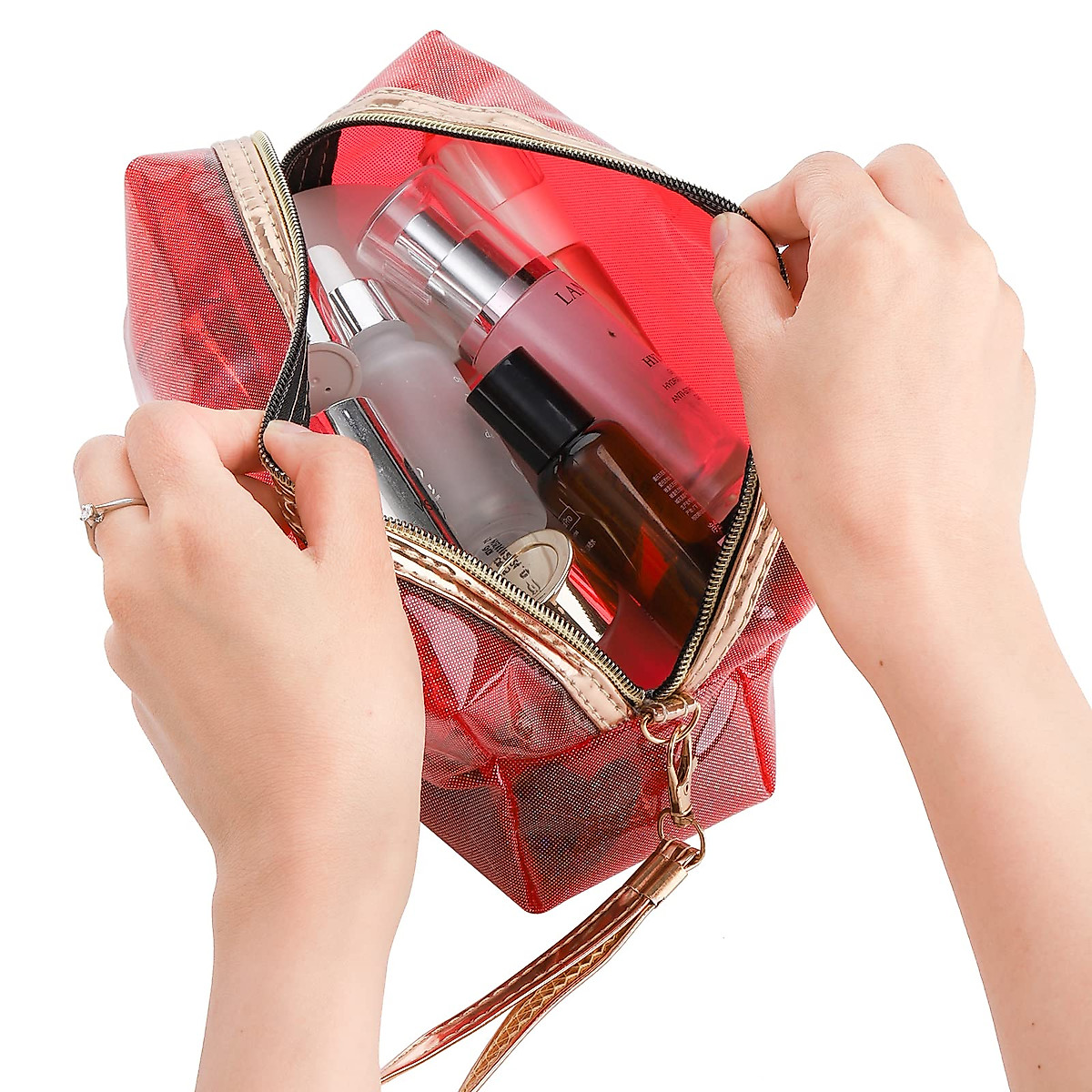 Lyellfe 8 Pack Waterproof Cosmetic Bags, PVC Glitter Iridescent Makeup Bags With Handle Zipper, Portable Holographic Gift Bags in Bulk, Small Toiletry Pouch Purse for Medicine, Travel, Woman