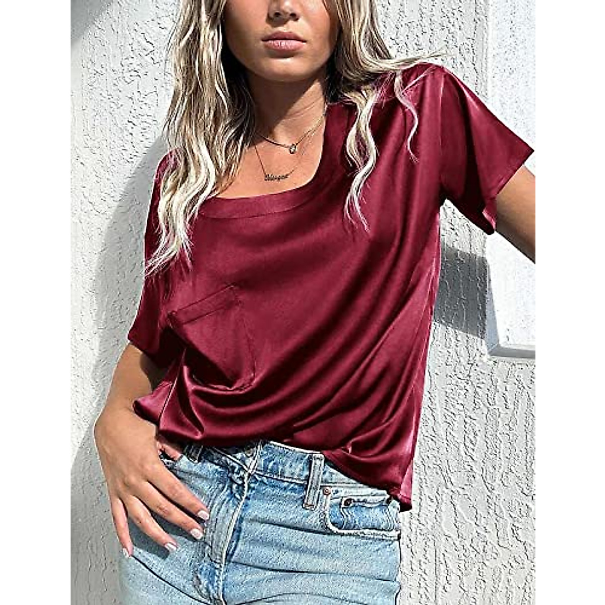 Inadays Womens Silk Pajamas Set Satin Silky Lounge Set Short Sleeve Shirt with Long Pajama Pant Pajamas For Women Set Red Wine