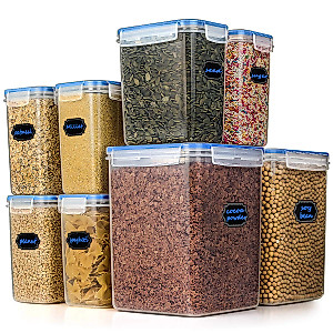 Food Storage Containers - Hangoes Cereal & Dry Airtight Plastic Containers, Set of 8 Kitchen Containers 175.9 Oz/ 54.1 Oz with 1 Measuring Cup & 20 Chalkboard Labels & 1 Liquid Chalk Marker