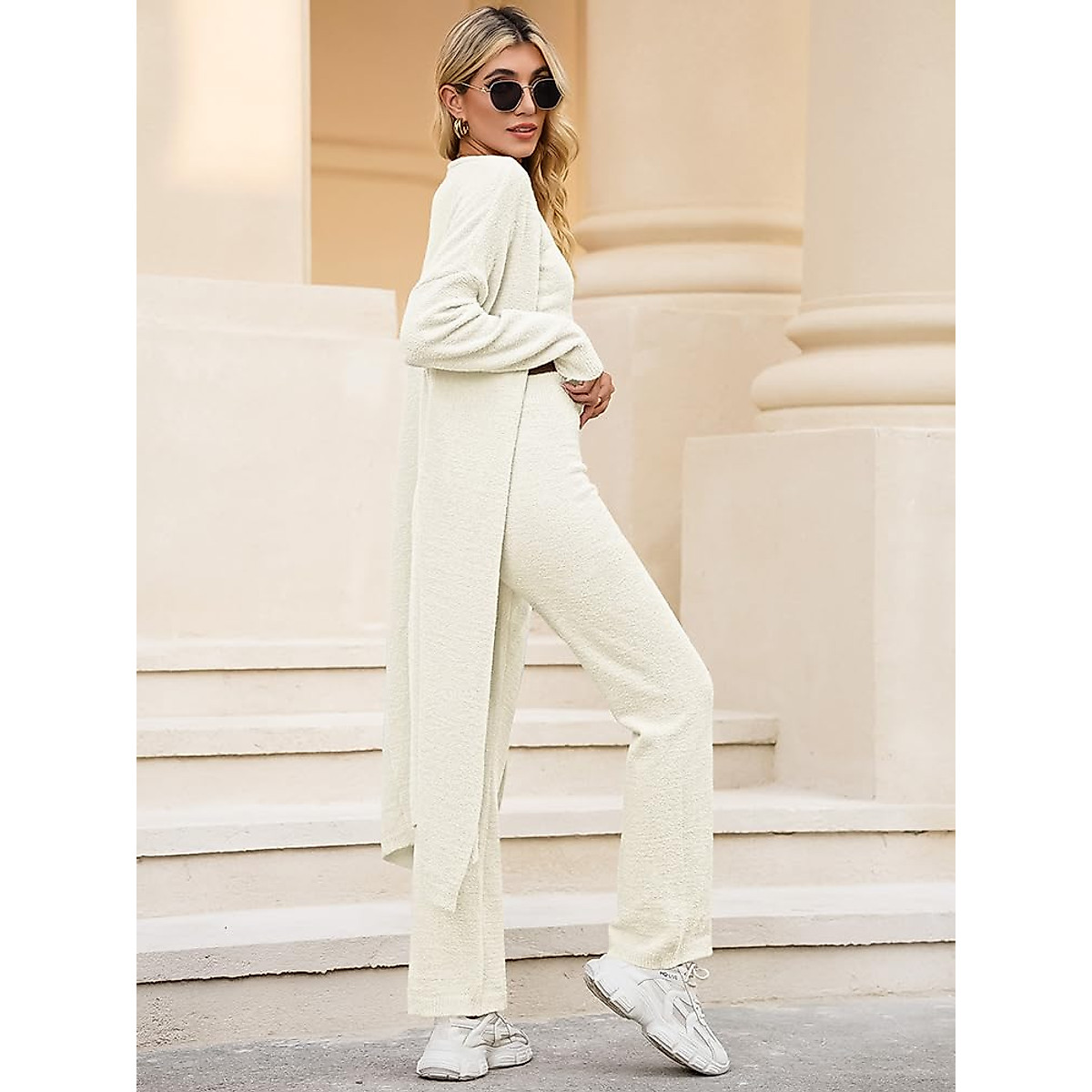 TOLENY Women Fuzzy 3 Piece Lounge Sets Open Front Cardigan Crop Top Wide Leg Pants Sweatsuit Outfits White XL