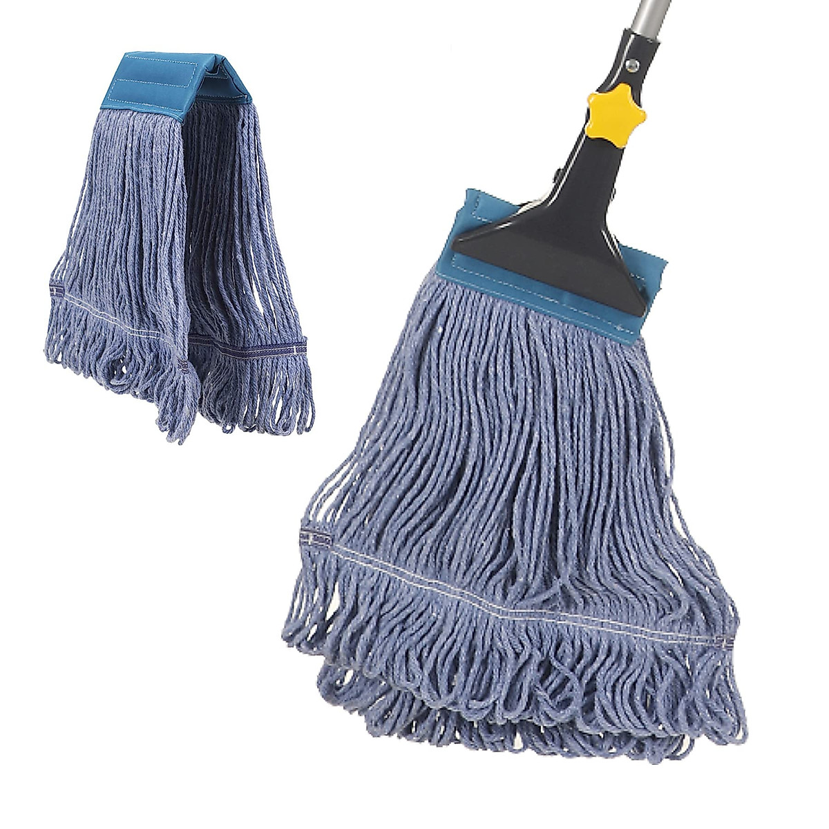 Yocada Looped-End String Wet Mop Heavy Duty Cotton Mop Commercial Industrial Grade Telescopic Iron Pole Jaw Clamp Floor Cleaning 55.1" with Totally 2 Mop Heads
