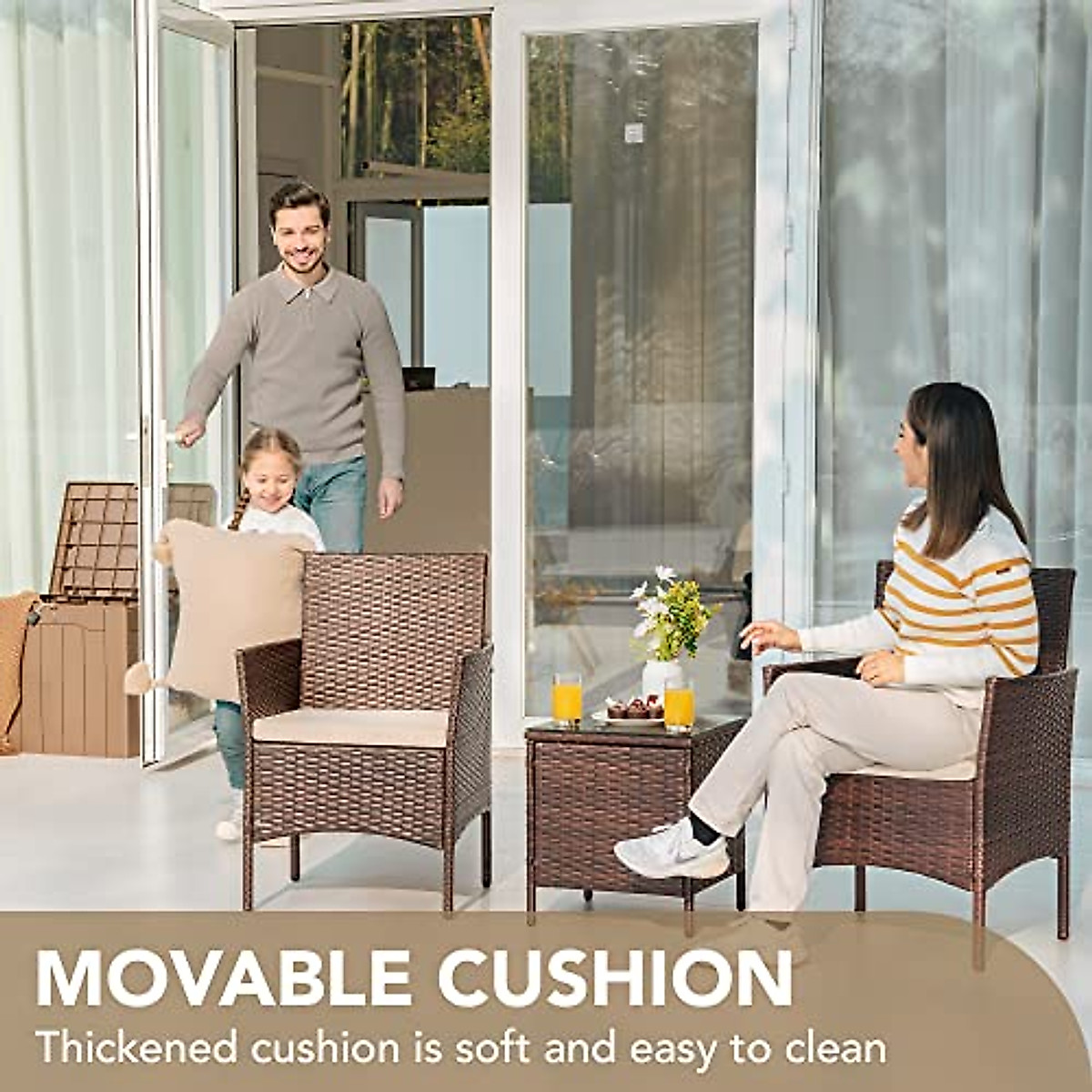 Devoko 3 Pieces Patio Furniture Sets Clearance PE Rattan Wicker Chairs with Table Outdoor Garden Porch Furniture Sets (Brown/Beige)