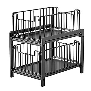 2-Tie Under Sink Cabinets Organizer with Sliding Storage Drawer, Pull Out Cabinets Organizer Shelf, Sliding Kitchen Countertop Storage Basket (black)