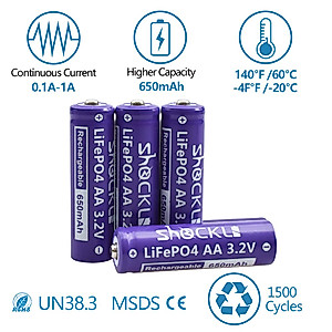 funkawa (2- Pack) Shockli AA 3.2 Volts LiFePo4 650mAh Rechargeable Battery, Lithium Iron Phosphate 3.2V Solar Batteries - Ideal for Solar Garden Light
