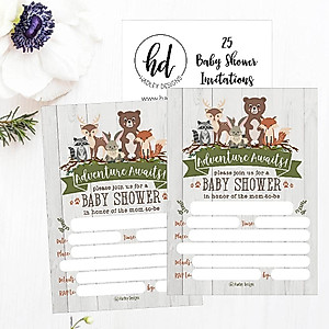 Hadley Designs 25 Cute Rustic Woodland Forest Invitations, 25 Books for Request Cards, Sprinkle Invite for Toddlers, Bring A Book Instead Of A Car, Invitation Inserts for Baby Shower