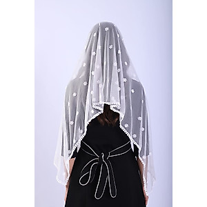Grettytling Chapel Veil Embroidered Lace Mantilla Church Veil Head Covering Veils for Church Shawl-Scarf Wedding Shawl(White)