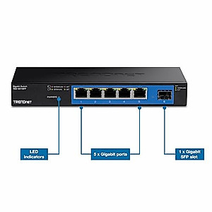 TRENDnet 5-Port Gigabit Compact Metal Desktop Switch with SFP Slot, TEG-S51SFP , Fanless Design, Wall Mountable, Lifetime Protection, Black