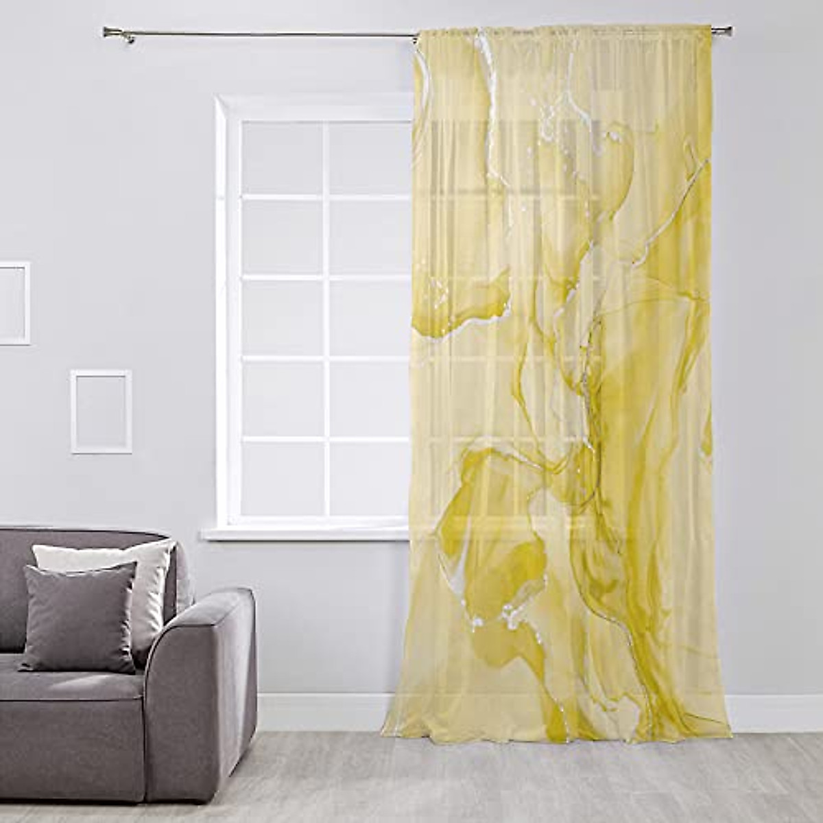 Chiffon Sheer Curtains & Drapes 45 Inch Long, Lightweight Breathable Voile Window Curtain Panels Yellow Marble with Gold Silver Glitter Splatter Curtains Backdrop Drapes for Bedroom Livingroom Wedding