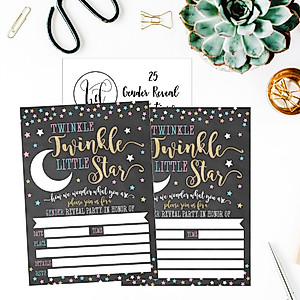 25 Twinkle Little Star Gender Reveal Baby Shower Party Invitation Cards Gold and Black He or She For Gender Neutral Unisex Invites Guess If It's a Boy or Girl Sprinkle Fill In The Blank Printable Pack