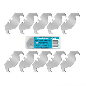 Hook Blade 10 Pack Utility Knife Hooked Razor Blades - Ten Super Sharp Refill Blades in Convenient Storage Box - Heavy Duty SK5 Replacement Blades for Carpet, Roofing Blade Knife, Box Cutter