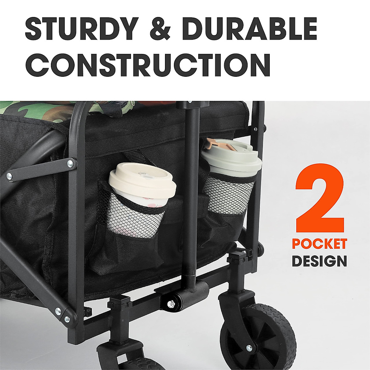 Heavy Duty Collapsible, Foldable, and Rolling Outdoor Utility Wagon for Camping, Beach with Spring-Loaded Handle (Black)