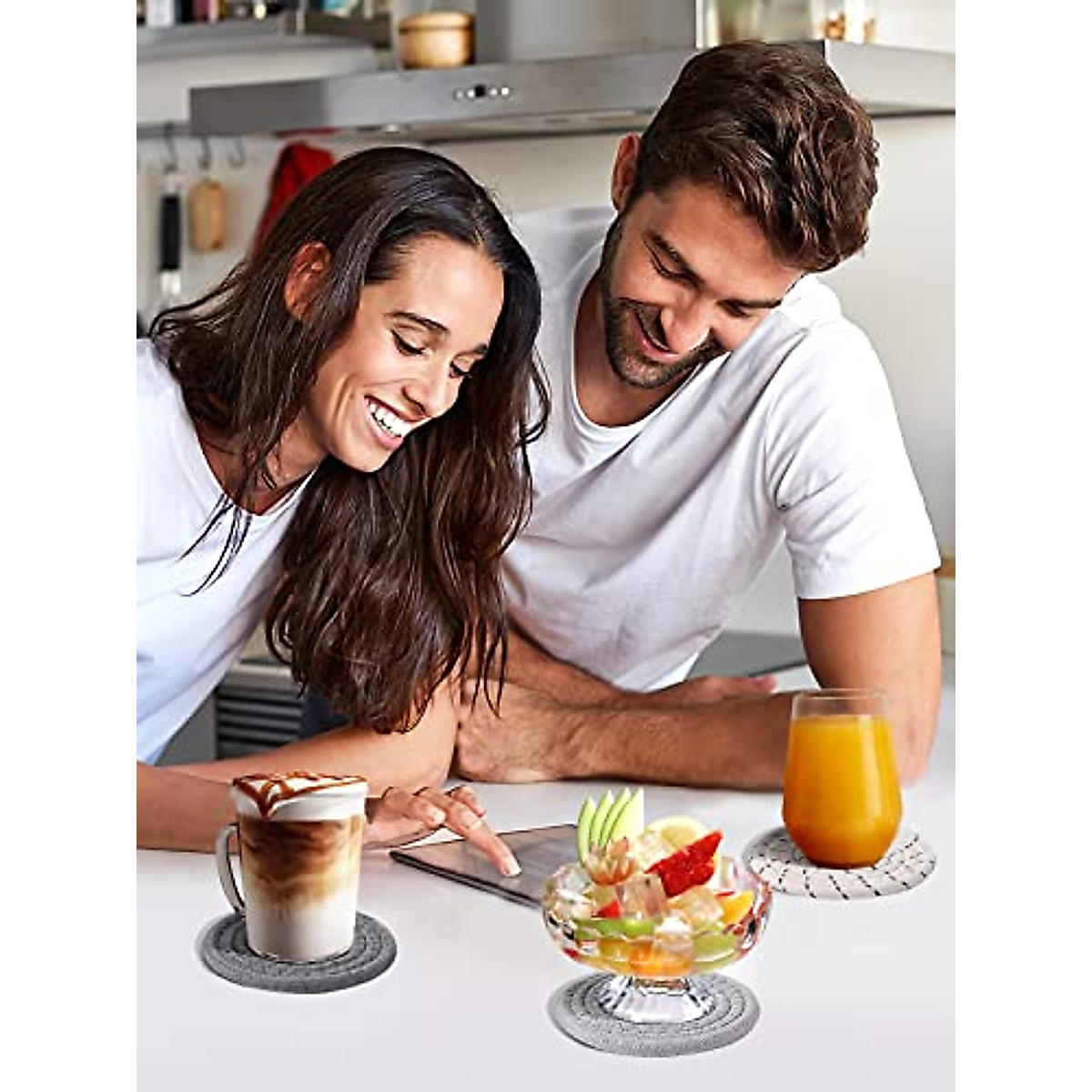 8 Pcs Absorbent Drink Coasters, 4 Styles Handmade BOHO Woven Coasters for Coffee Table, Heat-resistant Modern Cotton Coasters for Kinds of Cups Housewarming (4.3in)