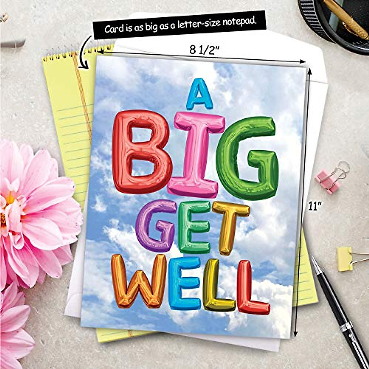 NobleWorks - Jumbo Get Well Greeting Card (8.5 x 11 Inch) - Beautiful Feel Better Soon, Group Notecard (Not 3D or Raised) - Inflated Messages From Us J5651FGWG-US