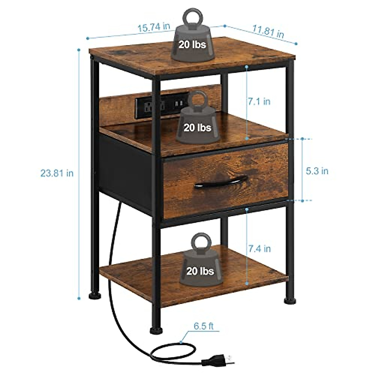 Nightstand with Charging Station Bed Side Table with Fabric Drawer 3-Tier End Table with USB Ports and Outlets Industrial Night Stand for Bedroom Living Room Vintage Brown