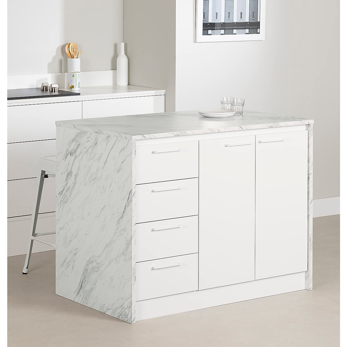 South Shore Myro Kitchen Island, Faux White Marble and White
