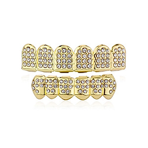 JINAO Gold Grill 14K Gold Plated Iced Out Teeth Grillz Top Bottom Tooth Caps Hip Hop Bling New Gold Shiny Fake Grills for Men Women (Gold)