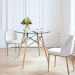 Nidouillet Round Glass Dining Table, Coffee Desk with 4 Beech Wood Legs for Kitchen Living Room AB053