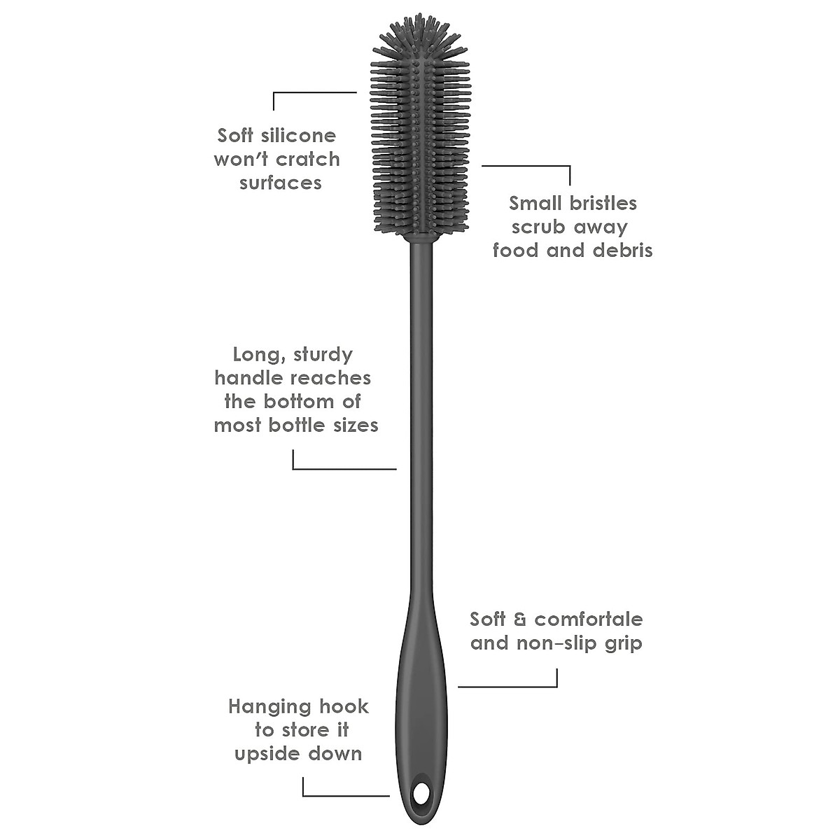 Purtribe Silicone Bottle Brush, Water Bottle Cleaner Brush with Long Handle, Perfect for Cleaning Narrow Neck Containers, Vacuum Sports Bottle, Tumblers, Flask, Glassware (1 Pack, Charcoal)