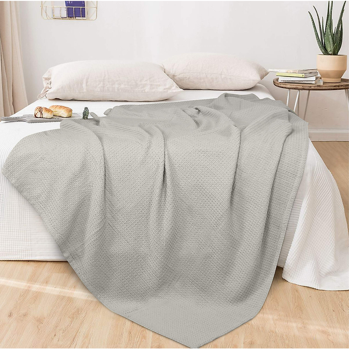 GLAMBURG 100% Cotton Thermal Blanket, Breathable Bed Blanket Twin Size, Soft Waffle Blanket, Twin Blanket, All Season Cotton Blanket, Light Grey