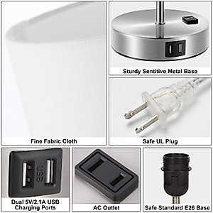 Touch Control Table Lamp, 3-Way Dimmable Lamp with 2 Fast Charging USB Ports & Power Outlet, Bedside Lamp, Nightstand Lamp, USB Lamp for Bedroom, Living Room, Office, Daylight White Bulb Included