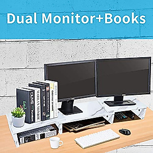 TEMI Dual Monitor Stand Riser with Adjustable Length and Angle, White Slate Texture Computer Monitor Stand, 3 Shelf Desktop Storage Organizer Riser for Laptop/Computer/TV/PC/Printer