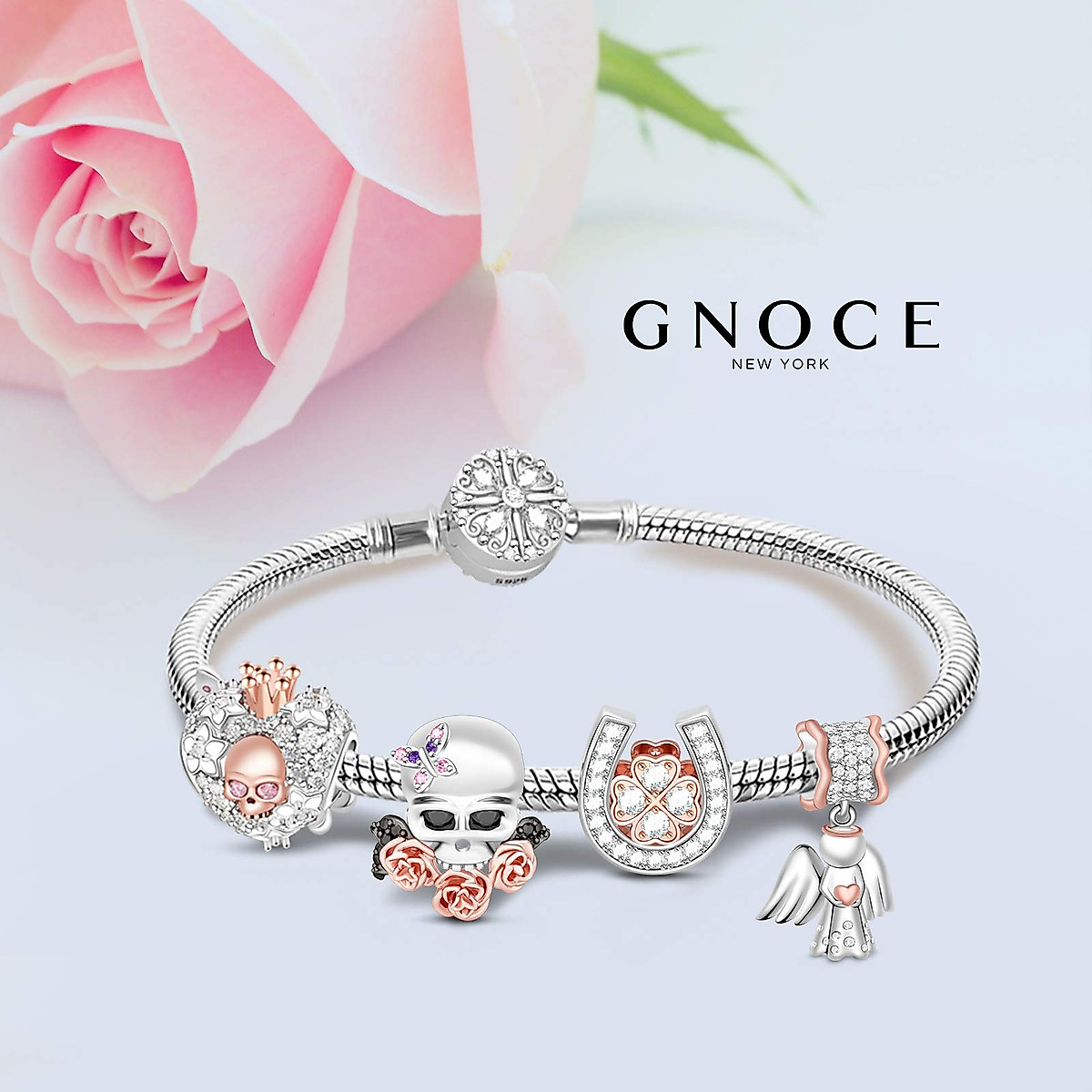 GNOCE Heart Skull Charm 925 Sterling Silver Rose Gold Plated Skull Queen & Butterfly Bead Charms Fits Bracelets Necklaces for Women