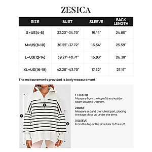 ZESICA Women's Striped Sweaters Half Zipper Long Sleeve Ribbed Knit Loose Oversized Pullover Sweater Tops,White,Small