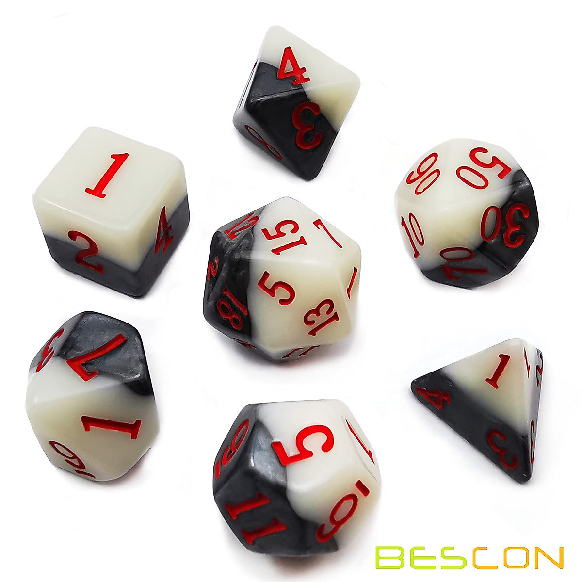 Bescon Two-Tone Glowing Polyhedral Dice 7pcs Set Green Dawn, Luminous RPG Dice Set d4 d6 d8 d10 d12 d20 d%, Brick Box Packaging