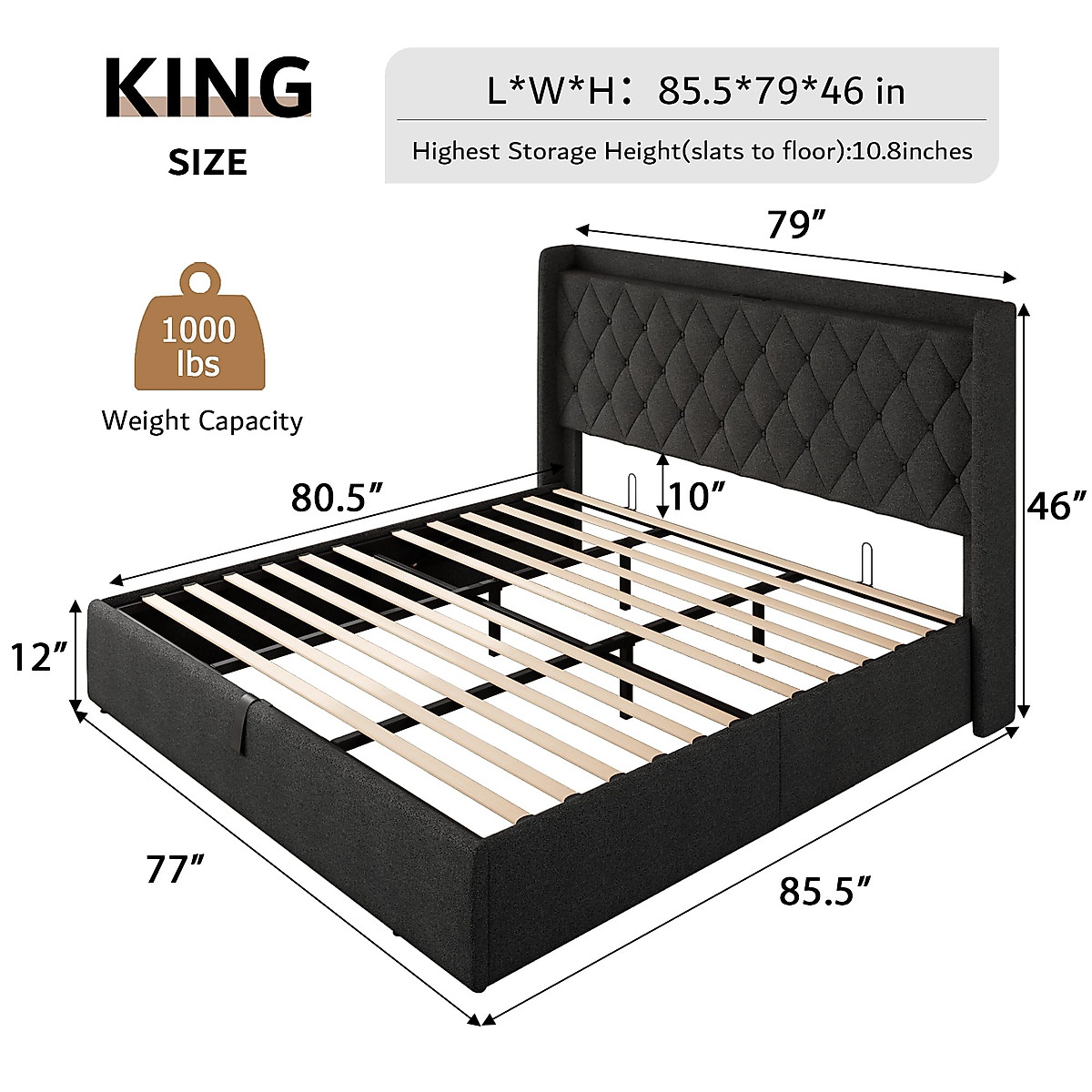 iPormis King Size Lift Up Storage Bed Frame with Charging Station, Upholstered Platform Bed Frame with Tufted Headboard, Hydraulic Storage, No Box Spring Needed, Noise-Free, Easy Assembly, Dark Grey