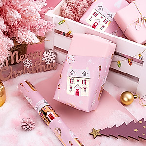 WRAPAHOLIC Reversible Christmas Wrapping Paper - 30 Inch X 100 Feet Jumbo Roll Pink House with Christmas Tree and Polka Dots Design with Metallic Foil Shine