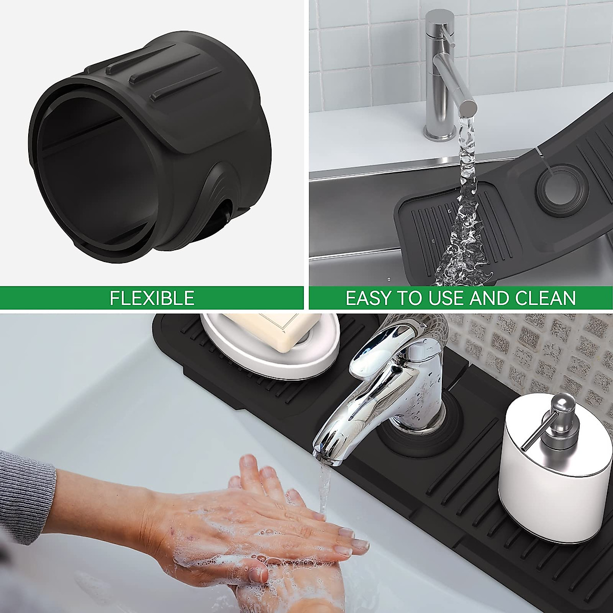Kitchen Sink Splash Guard 17.7 * 5.5 Inch, Toovem Faucet Handle Drip Catcher Tray, Longer Silicone Sink Faucet Mat, Dish Soap Sponge Holder for Kitchen, Bathroom, Farmhouse, Bar & Rv, Black