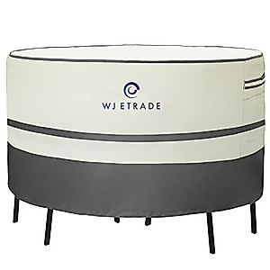WJ-X3 Patio Furniture Set Covers, 96" Diax32 H Round Waterproof UV Resistant Heavy Duty Cover Fits 5-7 Piece Large-Medium Dining Set, Beige+Grey