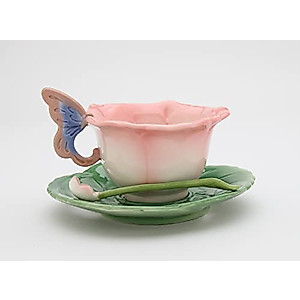 Cosmos Gifts Ceramic Rose Cup and Saucer, Set of 2