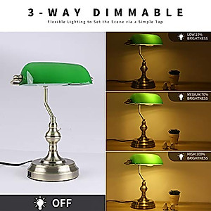Liylan Green Glass Bankers Desk Lamp,Vintage Desk Lamp Touch Control, 3 Way Dimmable Table Lamp with USB Charging Port, Mid Century Banker's Desk Lamp for Home Office Library Antique Brass