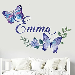 PrintsbyDM Custom Name Butterfly Wall Decal- Girls Room Wall Decor - WM531. Custom Name Removable Nursery Wall Decal for Girl - Flower Mural Wall Decal for Girls Bedroom
