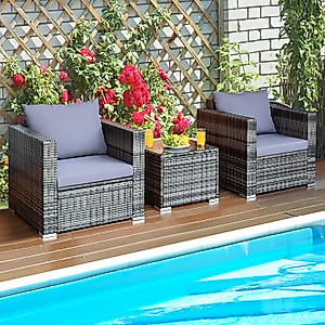 HAPPYGRILL 3 Pieces Patio Conversation Set, Outdoor Rattan Wicker Sofa Set with Coffee Table, Patio Furniture Set with Soft Cushions for Balcony Porch Backyard Garden