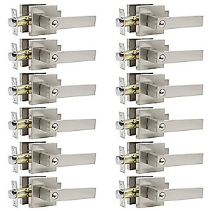 Knobonly Keyed Alike Entry Door Levers One Keyway Entrance/Front Door Handles with Same Keys Satin Nickel, Heavy Duty Keyed Exterior Door Locksets Door Handle Set, Combo Pack of 12